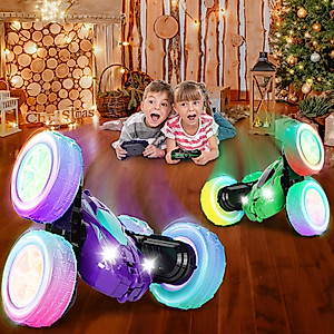 28℃ Remote Control Car for Boys, Drift High Speed RC Cars, 4WD 2.4Ghz Rechargeable RC Truck with Double Sided 360 Flips and Headlights Wheel Lights, Off-Road Stunt Toy Car for Kids Boy Girls (Purple)