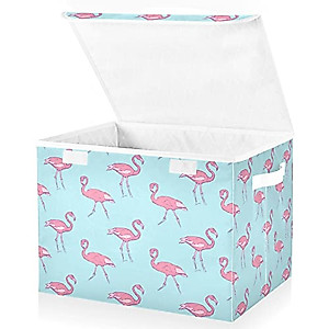 Kigai Beautiful Pink Flamingo Storage Bins with Lids and Handles 17x13x12 In Foldable Fabric Storage Basket Toys Clothes Organizer for Shelves Closet Home Bedroom Office