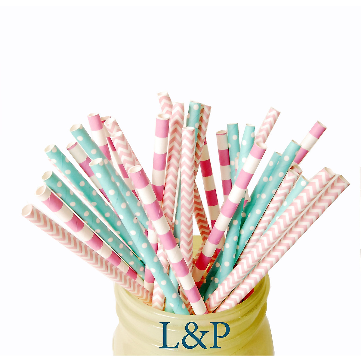 Charmed paper straw in aqua pink and hot candy pink stripe and polka dot (Pack of 75)