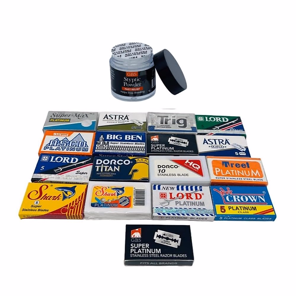 G.B.S Double Edge Safety Razor Blade Variety Pack, 120 Count Razor Blade Sample Pack with Styptic Powder