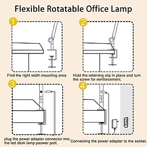 vimeepro LED Desk Lamp with Clamp Flexible 4 sections Swing Arm Three light sources desk light, 4 Color Modes & 5 Brightness, Eye Caring Led table light with Memory Function for table lamps for office
