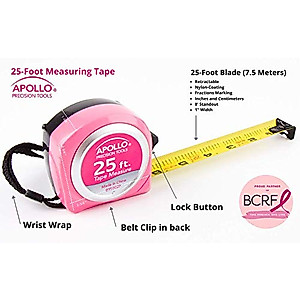Apollo Tools Measuring Tape, 25 Foot Tape Measure with Retractable Blade, Fraction Markings, 1 Inch Nylon Blade, 8 Foot Standout, Lock Button and Belt Clip - Pink Ribbon - Pink - DT5002P