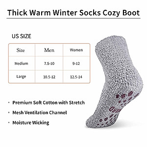 NOVAYARD 4 Pairs Non Slip Fuzzy Socks Hospital Slipper Crew Grip Cozy socks Men Women(Grey,Large)