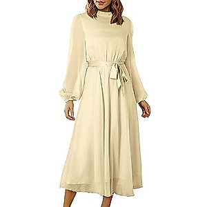 Dokotoo Womens Ladies Elegant Midi Dresses Sheer Long Sleeve Chiffon Elastic Waist A-Line Tie Waist Cocktail Evening Formal Dress for Women Fall Fashion 2023 Apricot Medium