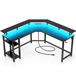 Rolanstar L Shaped Gaming Desk with LED Lights & Power Outlets, 56" Computer Desk with Full Monitor Stand & Storage Shelf, Corner Desk with Hooks, Black Desk Reversible