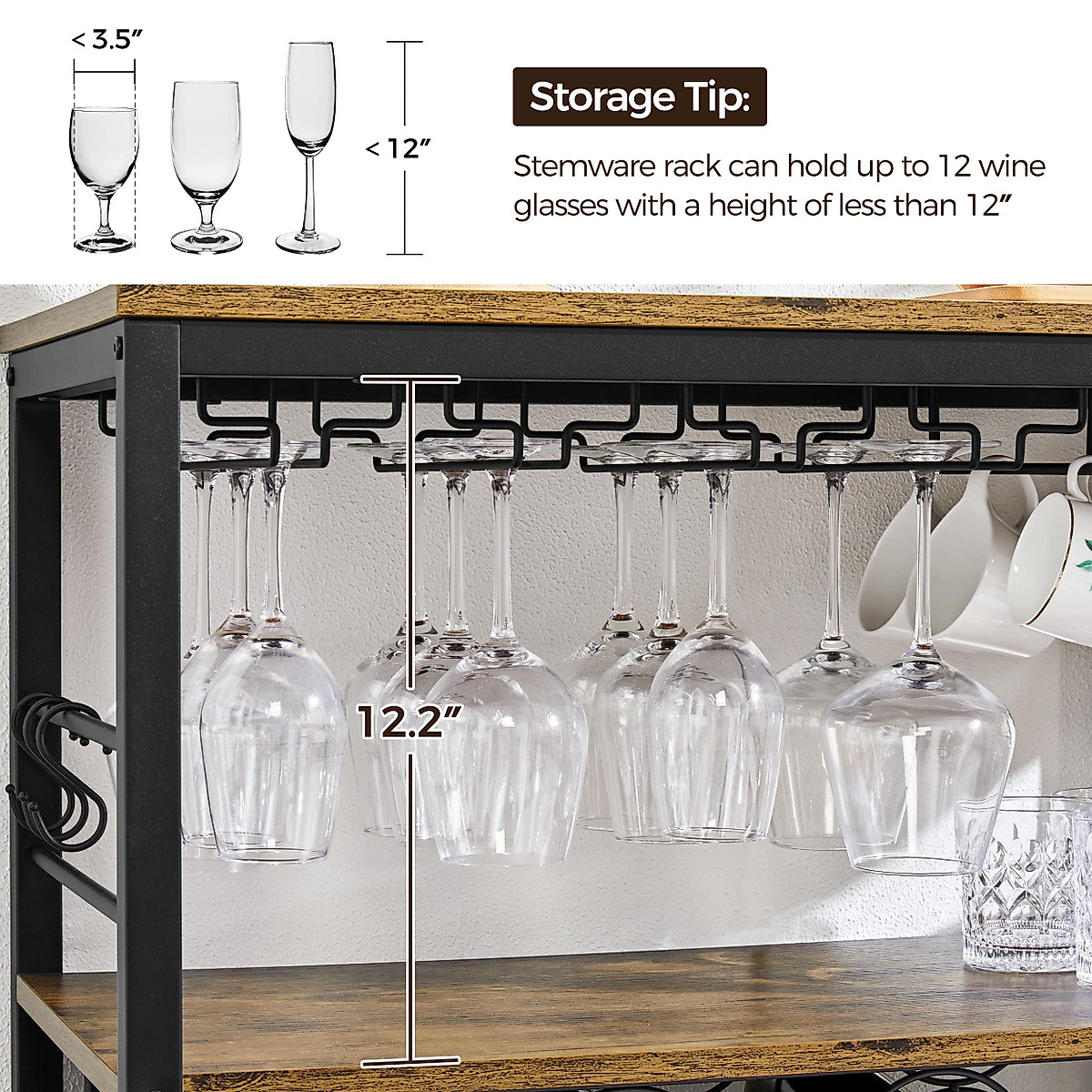 Yaheetech Wine Rack Table with Glass Holder, Industrial Wine Bar Cabinet with 25-Bottle Wine Storage and 6 Hooks, Coffee Bar Table Liquor Cabinet for Bar, Buffet, Living Room, Kitchen, Rustic Brown