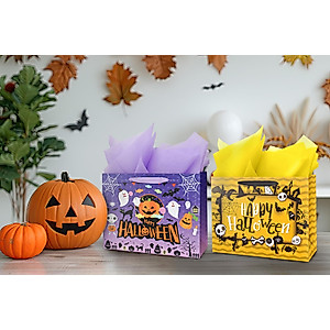 Ranfashiong 13" Halloween Large Gift Bag with Card and Tissue Paper Pumpkin Design Trick or Treat Party - Purple yellow 2Pcs
