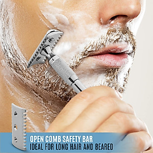 Raka Long Handle Double Edge Safety Razor for Men With Extra Free Open Comb - Twist to Razors, Along 10 stainless Steel Blades better shaving experience, silver, 12 Piece Set