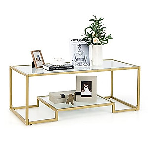 Tangkula Rectangular Glass Coffee Table, 45in Wide Modern Tempered Glass Center Table with Golden Steel Frame, 2 Tier Accent Table Home Furniture Décor for Tea Living Room Office (Gold, 45'' Wide)