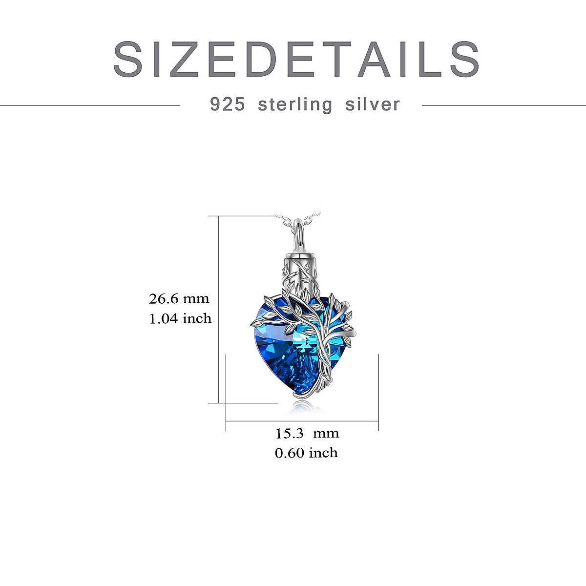 TOUPOP Heart Cremation Jewelry Sterling Silver with Blue Crystal Tree of Life Urn Necklace for Ashes w/Funnel Filler Jewelry Gifts for Women