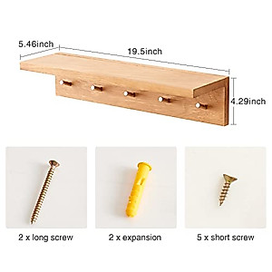 TRWISWDC Coat Rack Shelf Wall Mounted Oak Wood Entryway Shelf with 5 Hooks Wall Coat Hook Rack with Floating Shelf for Bedroom, Living Room, Kitchen (Natural,20 inch)