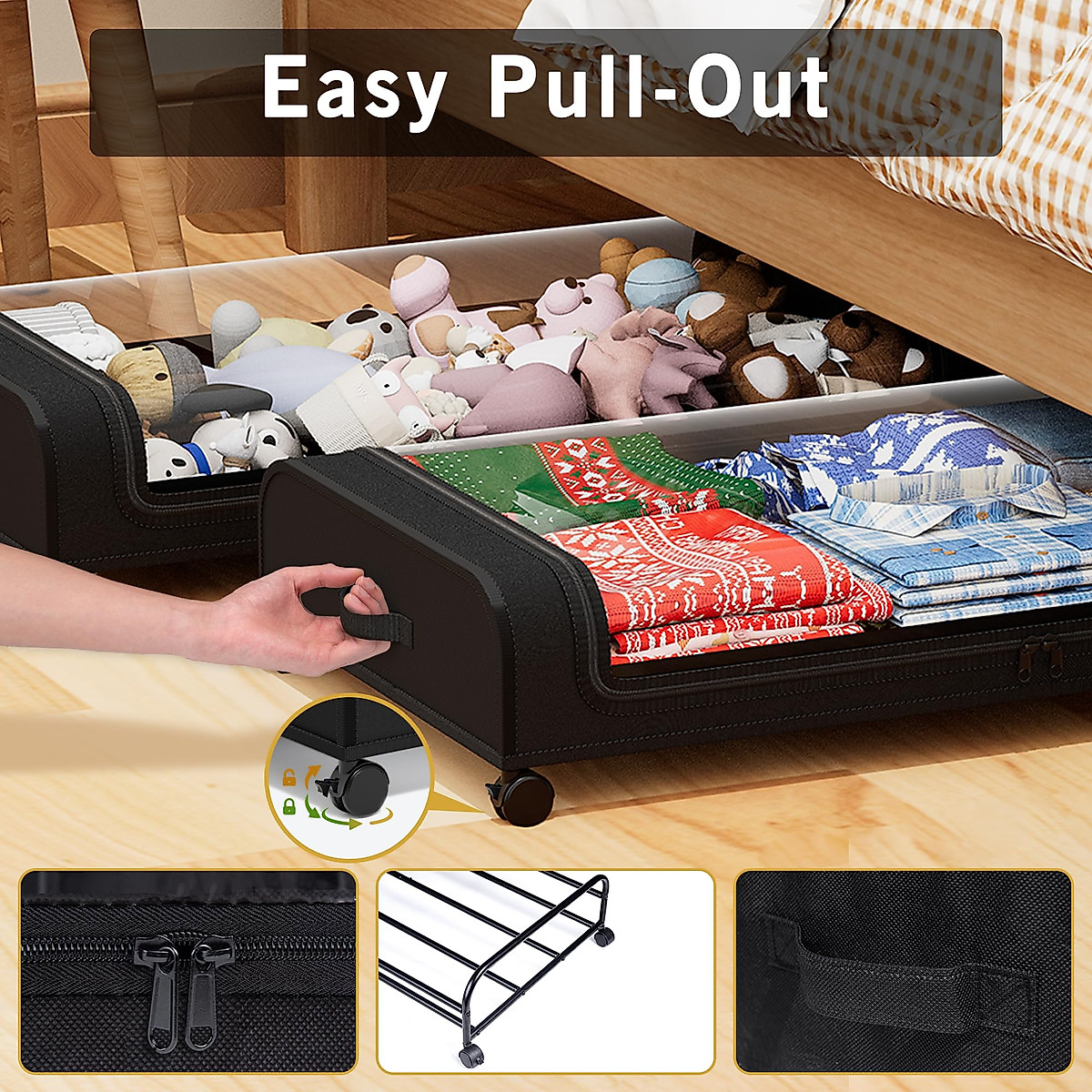 Under Bed Storage with Wheels 2 Pack: Under Bed Storage Containers with Lids, Large Under the Bed Storage with Wheels, Storage Drawers for Clothes, Books, Shoes (31”L x 17”W x 6.8”H)