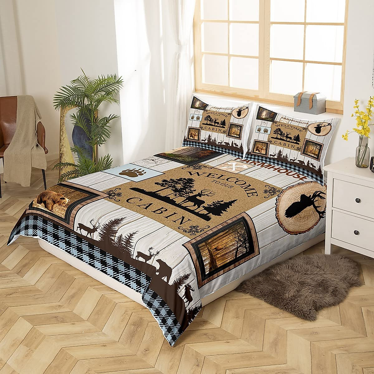 Rustic Bear Moose Duvet Cover Full Size,Countryside Rural Hunting Theme Quilt Cover for Men Women Adults,Retro Farmhouse Wood Plank Comforter Cover,Woodland Animal Cabin Lodge Bedding Set,3Pcs