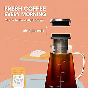 Airtight Cold Brew Iced Coffee Maker (& Iced Tea Maker) with Spout – 1.5L/ 51oz Ovalware RJ3 Brewing Glass Carafe with Removable Stainless Steel Filter