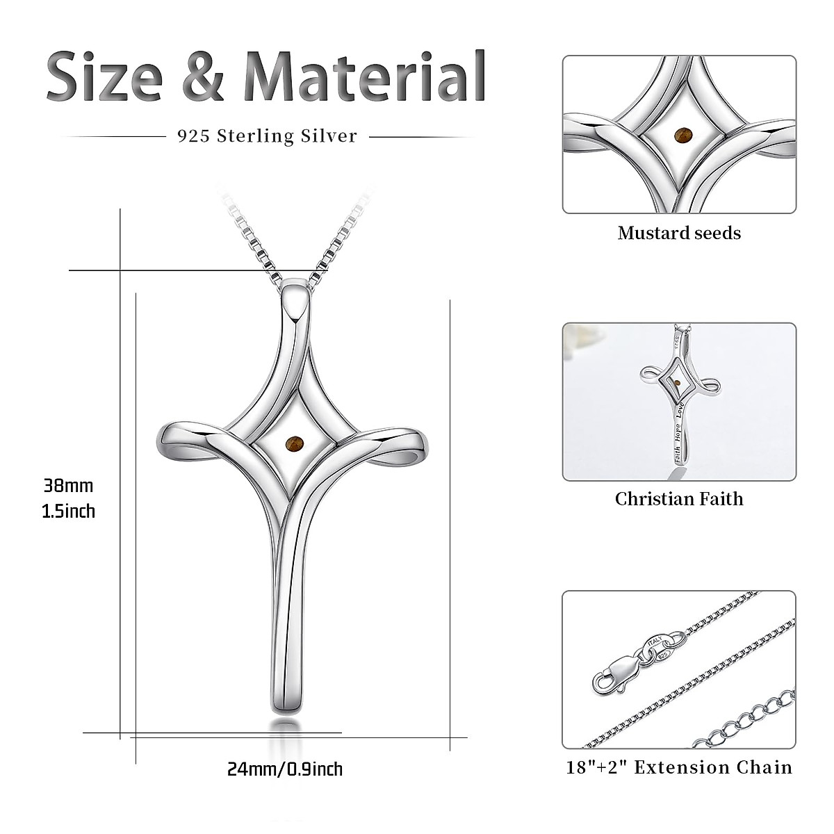 TwoAnts Mustard Seed Cross Necklace 925 Sterling Silver Faith Pendant Necklace Christian Jewelry Gift for Women