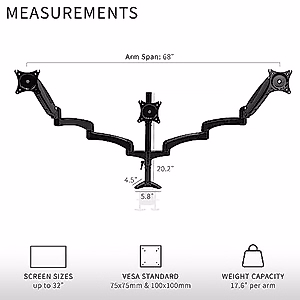 VIVO Triple Monitor Height Adjustable Desk Mount, 2 Pneumatic Arms, 1 Fixed, Counterbalance Stand, 17.6 lbs Weight Capacity per Screen, Max VESA 100x100, Fits up to 32 inch Screens, Black, STAND-V300G