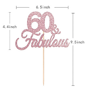 Glitter Double Sided Rose Gold 60 and fabulous Cake Topper, 60th Cake Topper for 60th Fabulous Birthday Wedding Anniversay Party Decoration