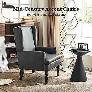 LOVSPATIO Faux Leather Accent Chair, Mid-Century Upholstered Living Room Chairs, Comfy Single Recliner Sofa with Arm and Wood Legs for Bedroom Waiting Room Office - Grey