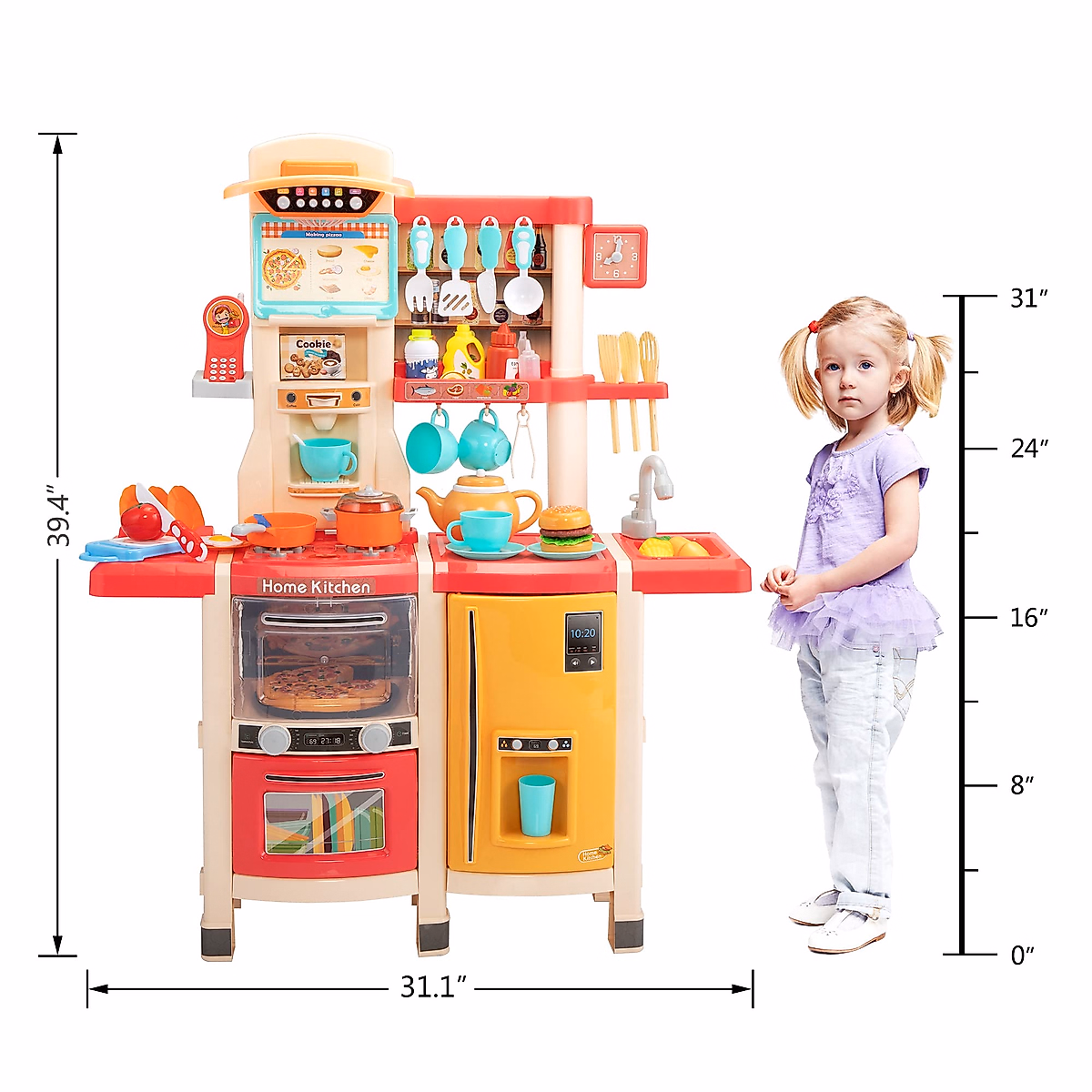 Kids Play Kitchen,Kitchen Playset with 65pcs Kitchen Toys for Toddlers,Play House Accessories with Spray Stove, Simulated Steam, Sink, Oven,Dishwasher, Real Sounds and Light for Girls and Boys