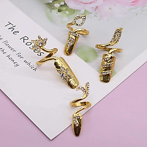 4 Pcs Opening Crystal Fingernail Ring Adjustable Rhinestone Nail Decoration Flower Finger Tip Rings Decoration Art Charm Fashion Accessories for Women Girls Gold Plated