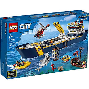 LEGO City Ocean Exploration Ship 60266, Toy Exploration Vessel, Mini Helicopter, Submarine, Shipwreck with Treasure, Lifeboat, Stingray, Shark, Plus 8 Minifigures (745 Pieces)