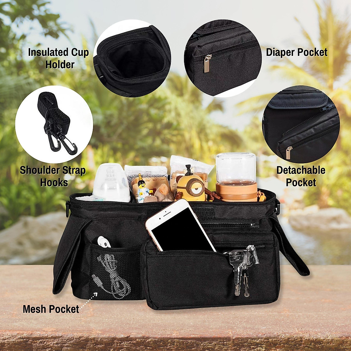 Stroller Organizer - Diaper Caddy Organizer with Insulated Cup Holder, Detachable Zipper Pouch with Phone Holder, Compact Design Fit to All Stroller