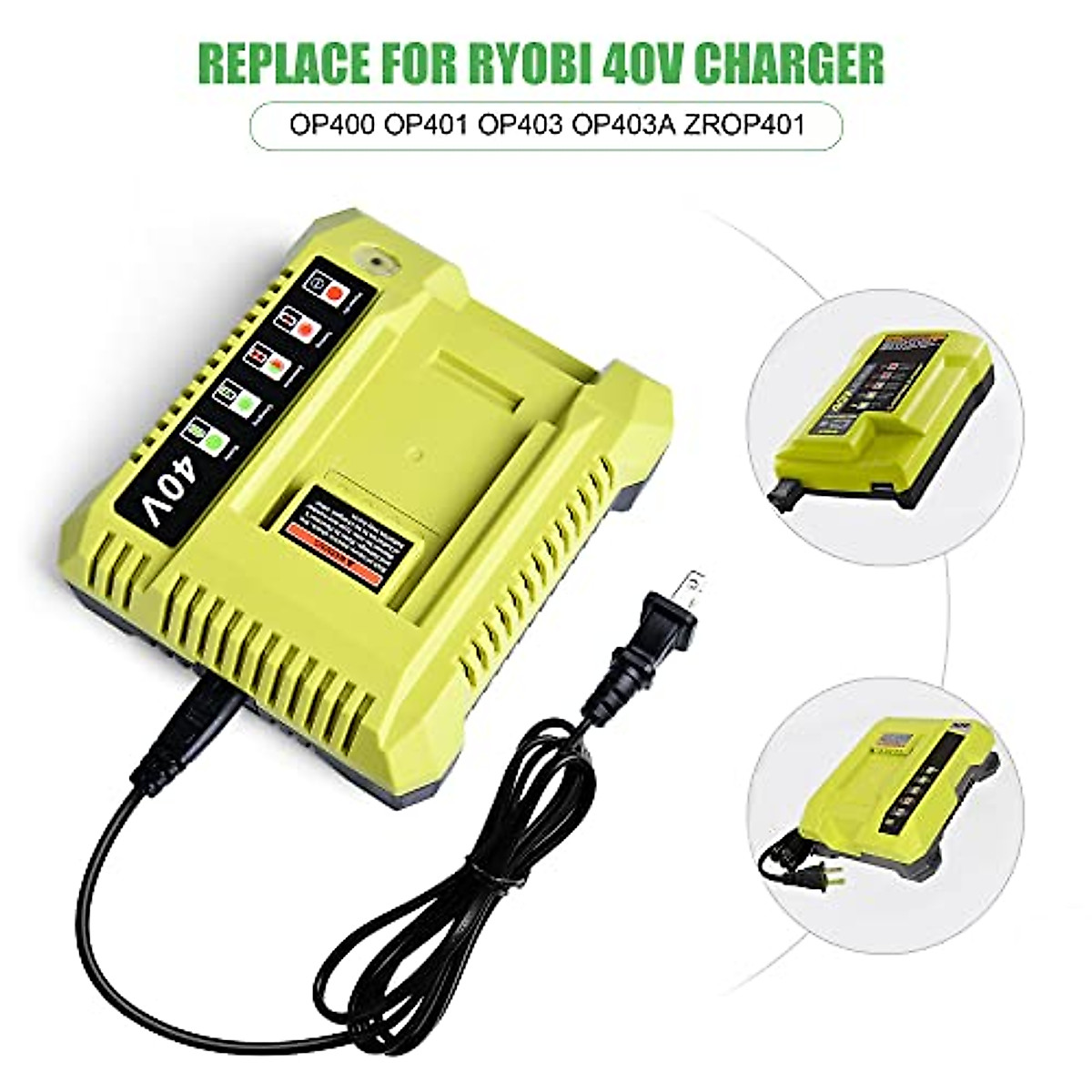 KUNLUN OP401 40-Volt Lithium-Ion Battery Charger for Ryobi 40V OP4050A OP4026 OP40601 OP4040 OP4030 OP4015 OP40201 Li-ion Battery