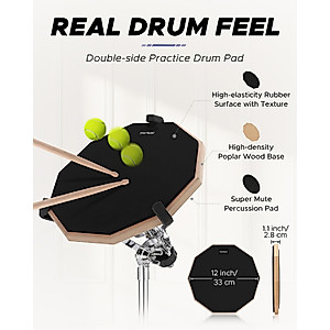 Starfavor Drum Practice Pad with Snare Drum Stand Set, 12-Inch Double Sided Silent Practice Pad Kit with Drum Sticks, Drumstick Holder, Luminous Carrying Bag, Black (Fits 8''-15'' Drums)