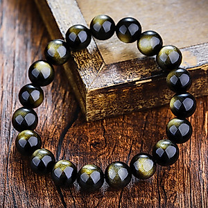 YANYUNZHUBAO Natural Black Obsidian Bracelet Healing Crystals Jewelry Volcanic Rock Stone Ward Off Evil Spirits (Gold, 10MM)