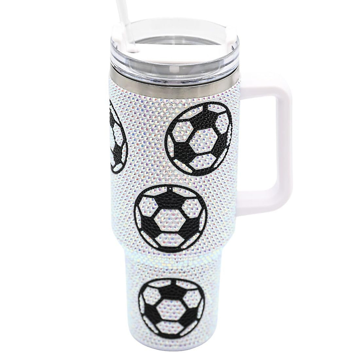 SEM LIFE 40 Oz Rhinestone Bling Tumbler with Handle and Straw (SOCCER), Stainless Steel and Double Wall Insulated