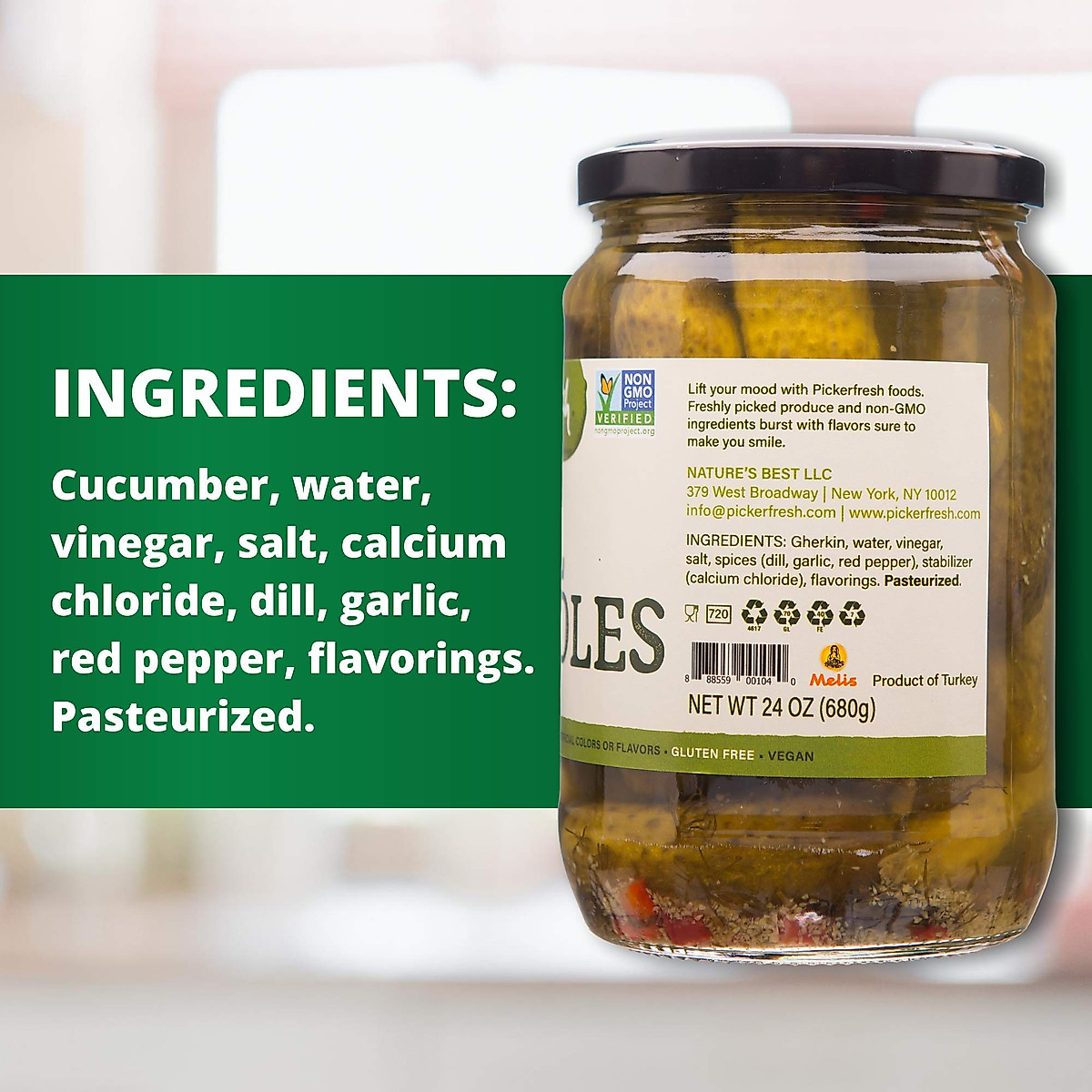 Pickerfresh Kosher Dill Wholes - Large Whole Pickles - Simple Ingredients - Non-GMO, No Artificial Color & No Preservatives - 24 oz (3 Pack)