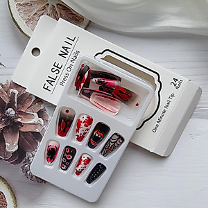 Halloween Press on Nails Medium Coffin Fake Nails Spider Eyeball Halloween Nails Press on Bloodstain Spider Web Acrylic Full Cover False Nails with Designs Gloosy Glue on Nails for Women&Girls 24PCS