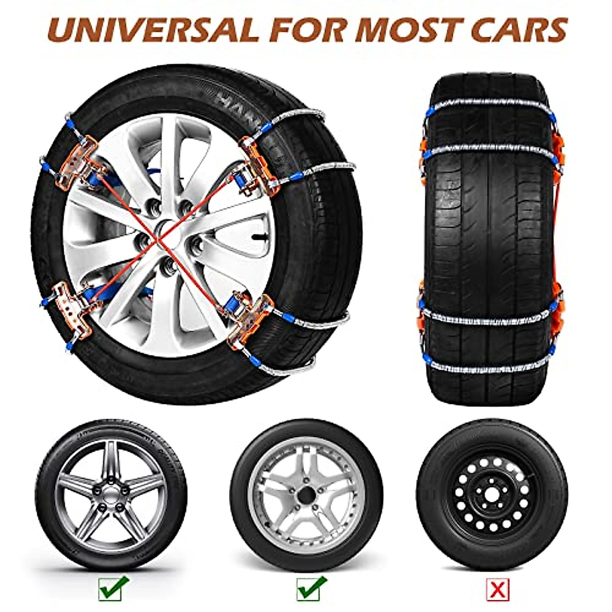 QIYISS Snow Chains, Tire Chains for SUV Car Trucks, 8pcs Universal Adjustable Emergency Traction Chains for 205-265mm Tires Pickup Trucks, Snow Slope Muddy Icy Ground Sandy Land Anti Skid Chains