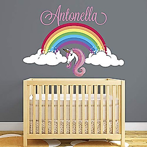 Unicorn Wall Decal Art Custom Name Wall Decals Girls Bedroom Nursery Rainbow Wall Decor Removable Vinyl Wall Stickers ND19 (24"W x 18"H inches)