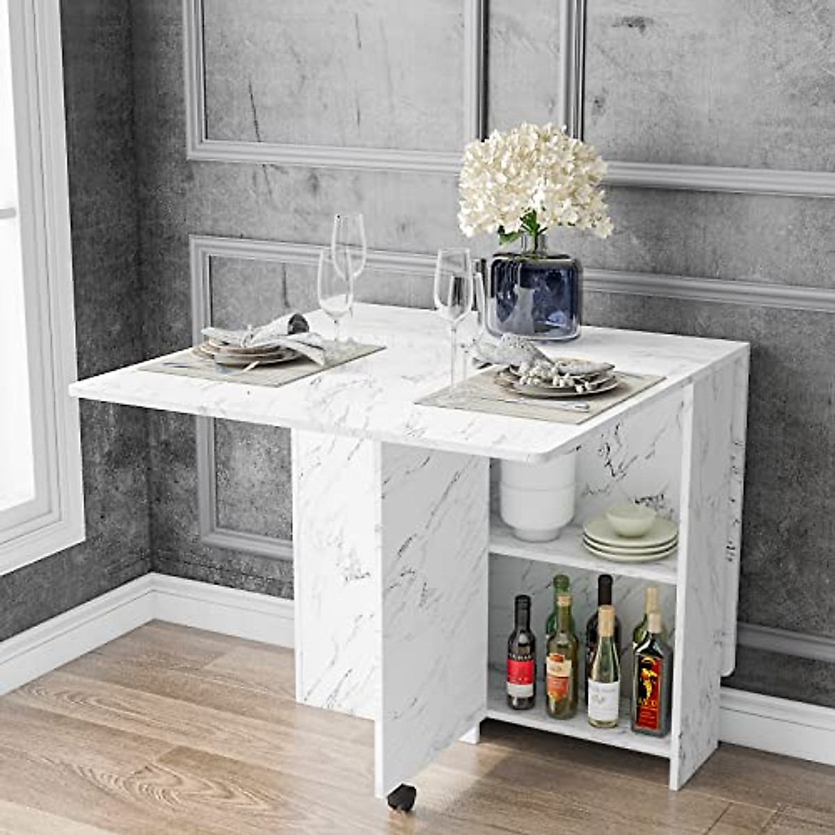 DINAZA Folding Dining Table Drop Leaf Table for Small Spaces with Storage Racks Multifunction Space Saving Table Extension Dinner Table for Kitchen Bedroom Dining Room White Marble