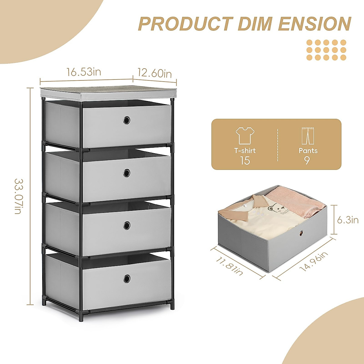 MOOACE Fabric Storage Dresser with Drawers, 4 Drawers Clothes Organizer and Storage Tower for Bedroom, Small Fabric Storage and Chest of Drawers, Light Gray