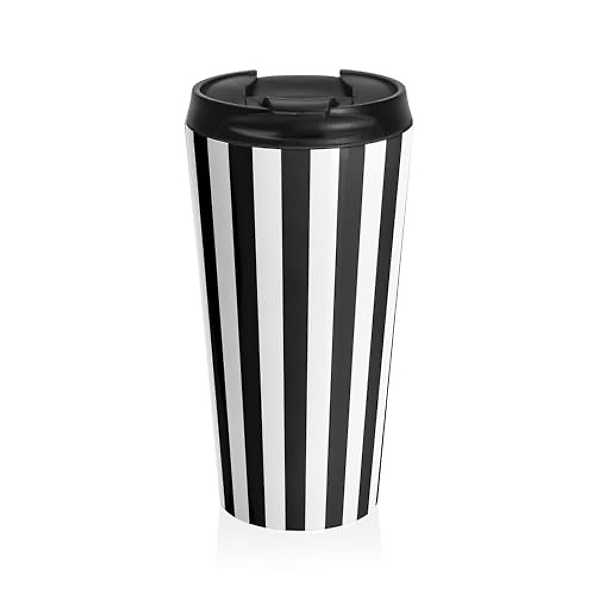 Black White Striped 15oz Stainless Steel Travel Mug, Screw on Lid Tumbler.