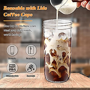 DWTS DANWEITESI Mason Jar with Lid and Straw, 24oz Glass Cups with Lid and Straws-Wide Mouth Reusable Drinking Glasses,Iced Coffee Cups Glass with Lids,Vasos De Vidrio【4 Pack】
