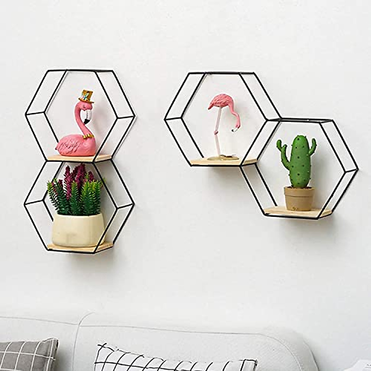 U-M Hexagon Floating Wood Book Shelves, Iron Storage Holder Wall-Mounted Multifunctional Nordic Style Geometric Firm Hexagonal Shelf for Home Bedroom Bathroom Black S1 Nice Design