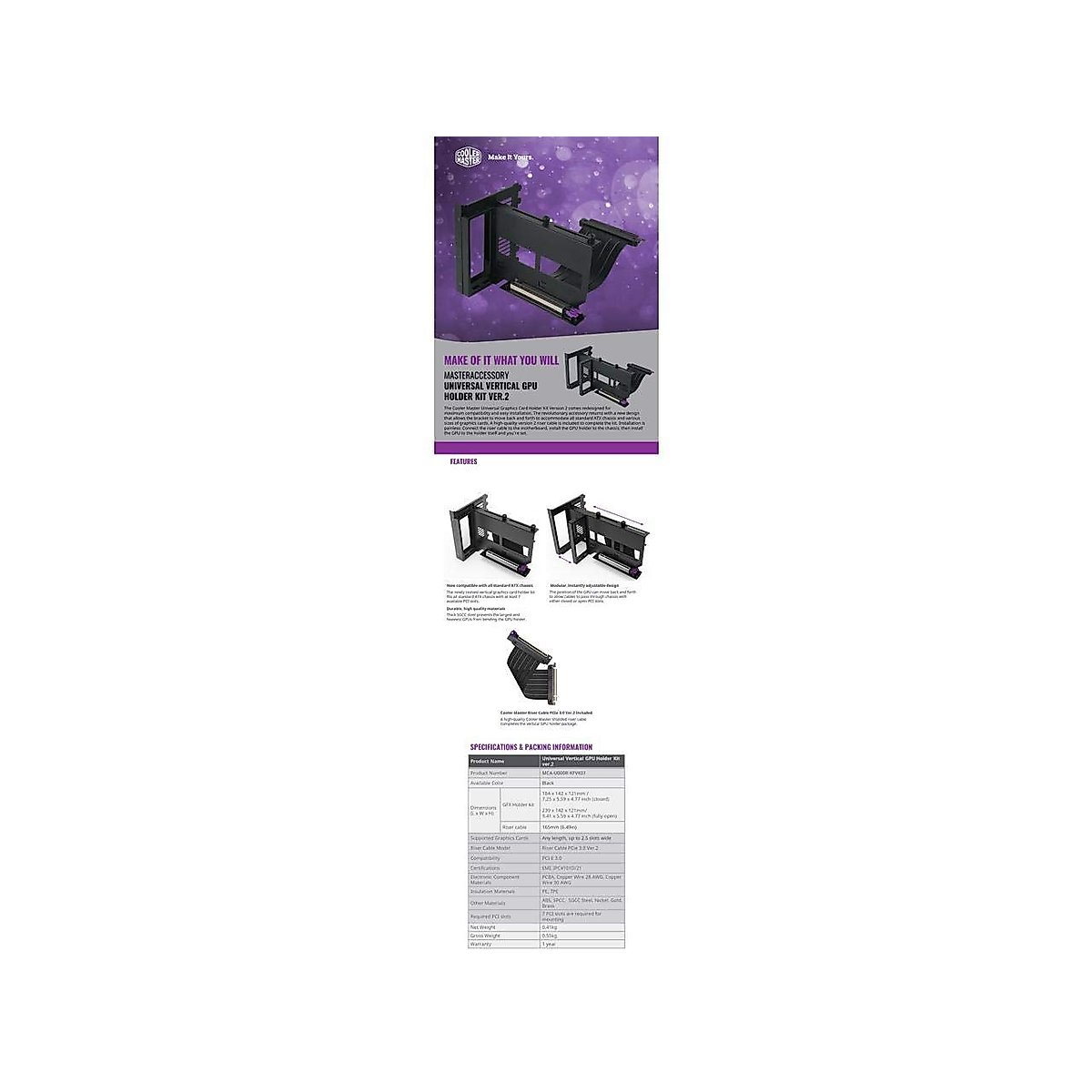Toptekits Cooler Master Universal Vertical Graphics Card Holder KIT VER.2 with 165mm/6.5in Riser Cable, for Full Tower/Standard ATX Chassis with at Least 7 Available PCI Slots