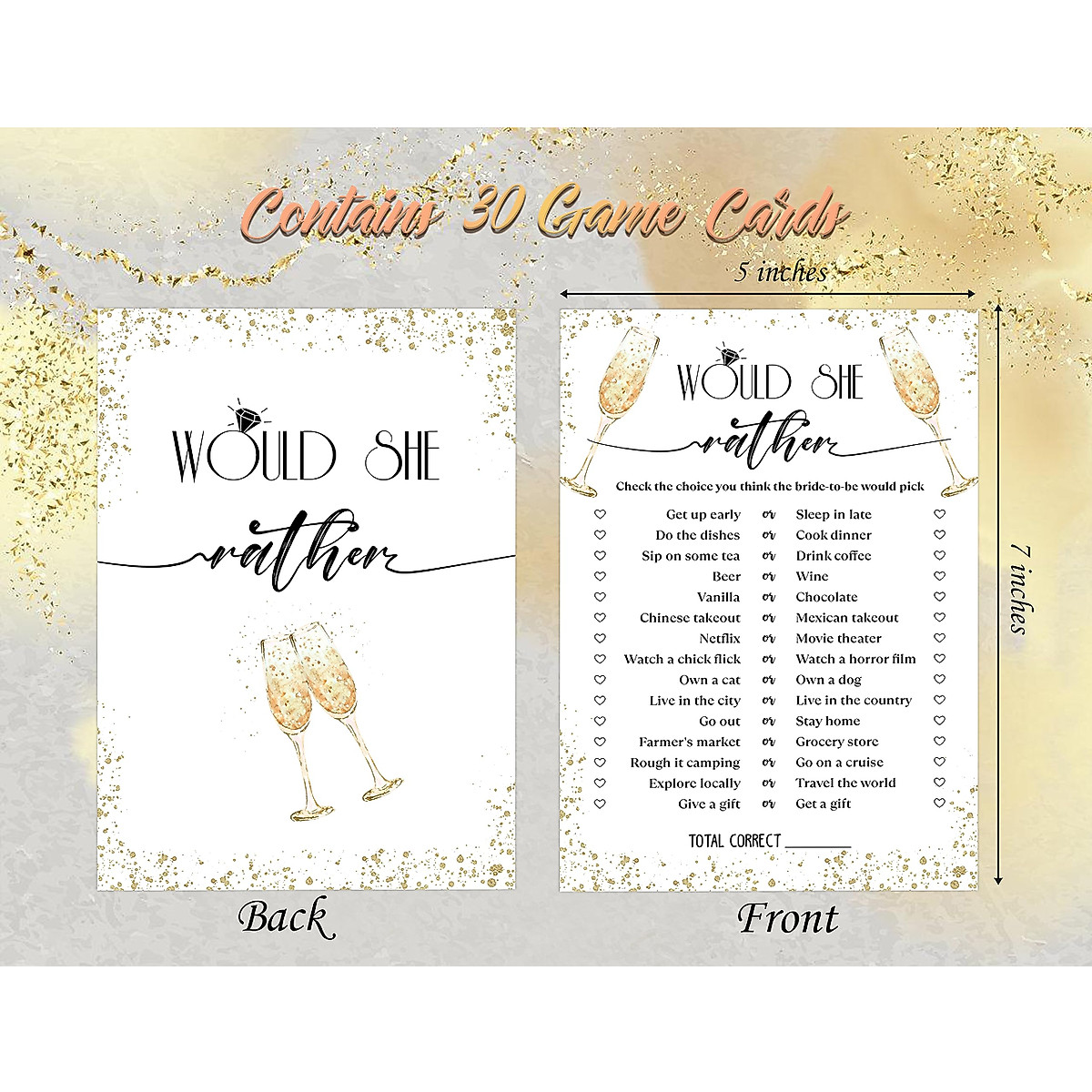 Would She Rather - Bridal Shower Game, Wedding Shower and Bachelorette Party - Set of 30 Cards, Gold Champagne Bridal Wedding Party Game Cards for Guests, Bridal Shower Party Decorations-LN1