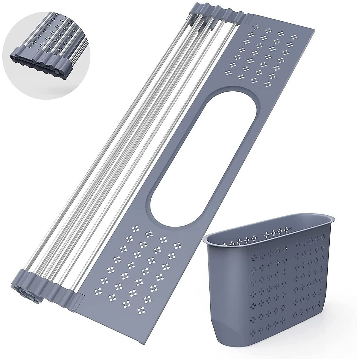 LEMIKKLE Roll Up Dish Drying Rack 17.5" x 15.2" Over The Sink Dish Drying Rack,Multi-Purpose Kitchen Rolling Dish Drainer Foldable SUS304 Stainless Steel Dish Drying Rack