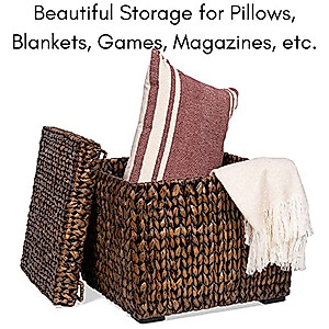 BirdRock Home Storage Cube Box with Lid - Brown Wash Seagrass - Hand Woven Container for Blankets Pillows - Sturdy Metal Frame