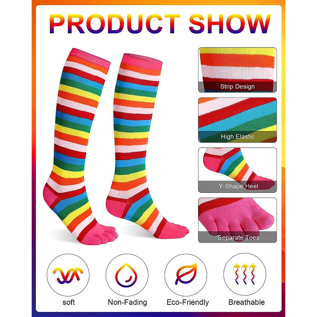 Jeere 6 Pairs Rainbow Toe Socks Women Cotton Knee High Toe Socks With Toes Separated Striped Thigh High Socks Leg Warmers LGBT Pride Long Socks (Black, Grey, Pink, Red, Coffee, Green)