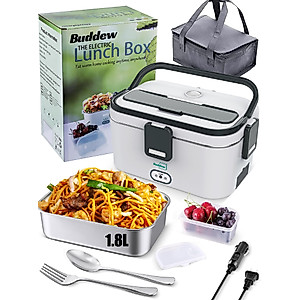 Buddew Electric Lunch Box 70W Food Heater 3 in 1 12V/24V/110-230V Portable Lunch Warmer (1.8L Large-Capacity) Heated Lunch Box for Car/Truck/Home/Office with Carry Bag and Fork and Spoon (Gray)