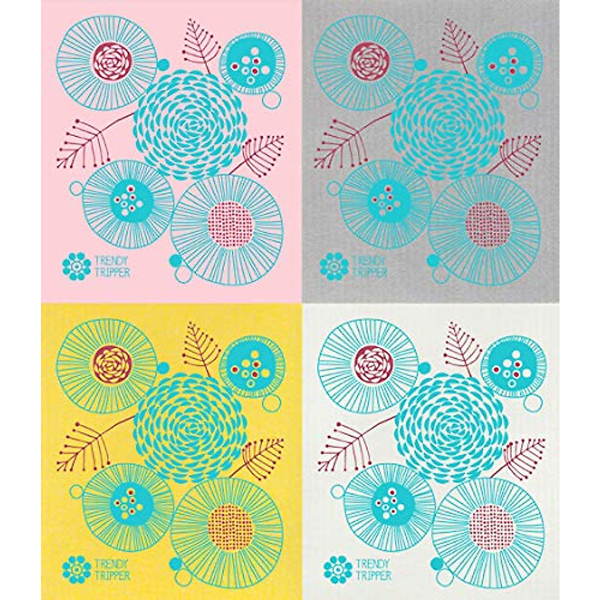 Trendy Tripper Jenn Ski Reusable Swedish Dishcloths/Sponge Cloth MID-Century Modern Abstract Designs Set of 4 (4-Pk MCM Floral Turquoise/Red)