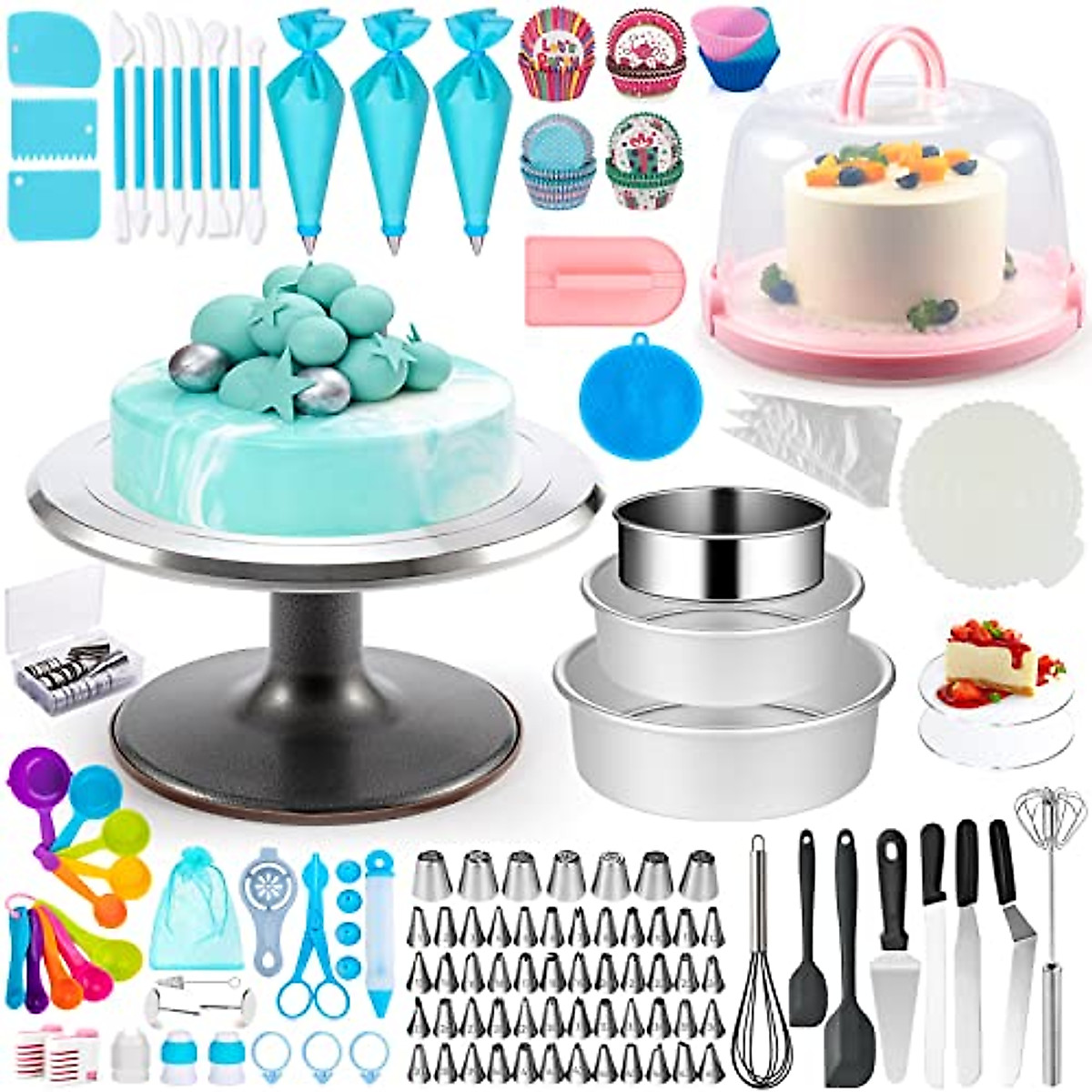 Cake Decorating Supplies with Aluminum Alloy Revolving Cake Stand, Cake Carrier, Acrylic Round Cake Discs, 268PCS Cake Decorating Kit with 54 Piping Tips, Various Cake Spatula, Reuseable Cake Board