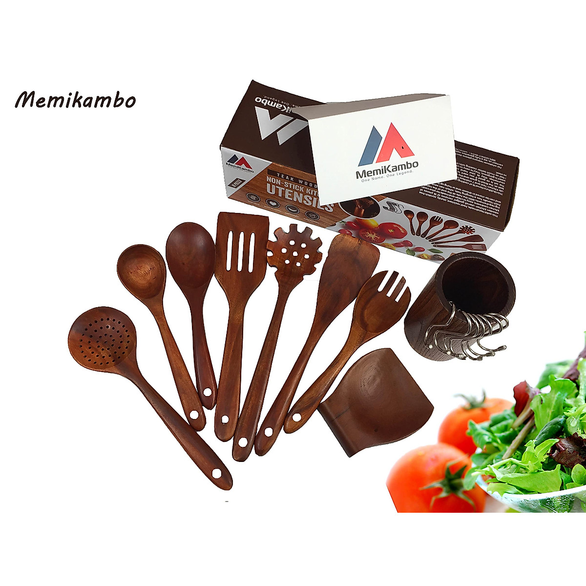 MEMIKAMBO Wooden Kitchen Cooking Utensils, Nonstick Kitchen Utensil Set, wooden utensils for cooking,Wooden Spoons Cooking Utensil Set Non Scratch Natural Teak Wooden Utensils for Cooking(16 PIECES)