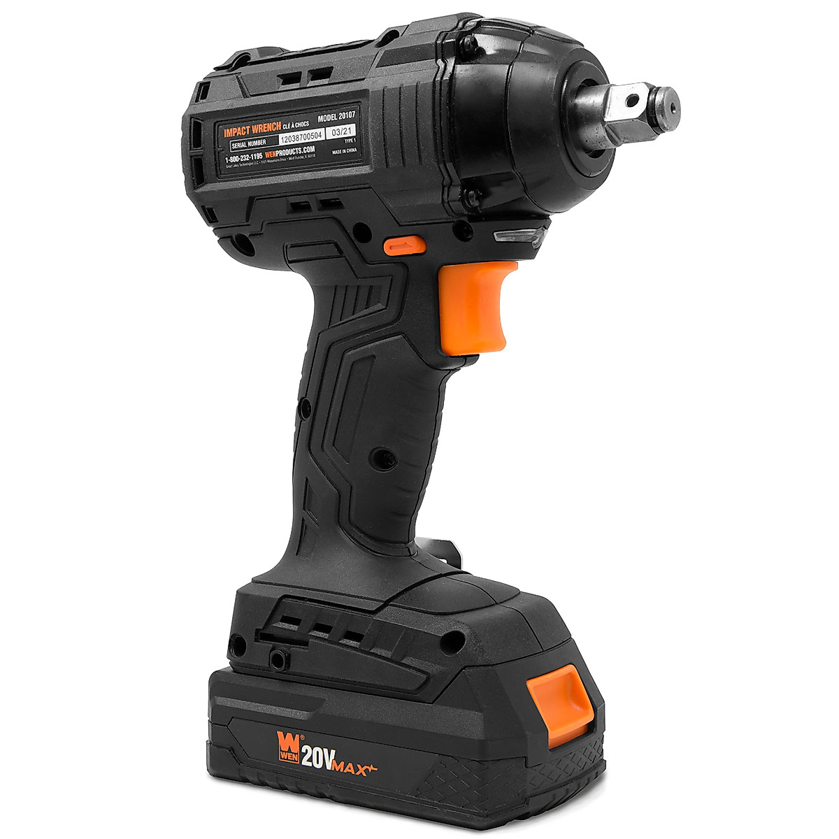 WEN Cordless Impact Wrench, Brushless with 20V Max 2.0 Ah Lithium-Ion Battery and Charger (20107)