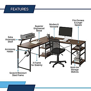 Techni Mobili Office Desk - Reversible L Shaped Desk with Storage Shelves, Monitor Stand & Accessory Holder - Ergonomic & Industrial Workstation Corner Table with Durable Steel Frame, Walnut